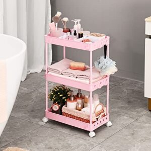 KINGRACK 3-Tier Rolling Utility Storage Cart with Adjustable Dividers,Multi-Purpose Storage Craft Art Cart Trolley Organizer,Slide Out Cart for Bedroom Bathroom Kid's Room Laundry Room,Pink