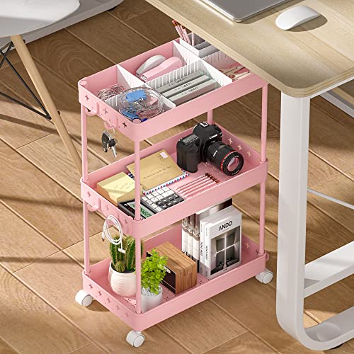 KINGRACK 3-Tier Rolling Utility Storage Cart with Adjustable Dividers,Multi-Purpose Storage Craft Art Cart Trolley Organizer,Slide Out Cart for Bedroom Bathroom Kid's Room Laundry Room,Pink