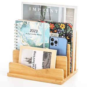 topzea mail organizer countertop, bamboo desk file organizer desktop file holder 4 slots vertical mail sorter holder file rack stand letter sorter wood desk organizer for envelope document file folder