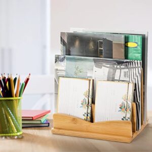 TOPZEA Mail Organizer Countertop, Bamboo Desk File Organizer Desktop File Holder 4 Slots Vertical Mail Sorter Holder file Rack Stand Letter Sorter Wood Desk Organizer for Envelope Document File Folder