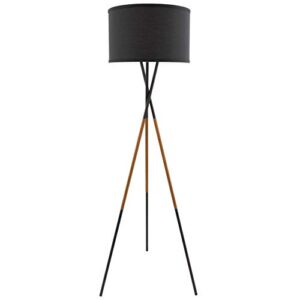 kira home sadie 61″ mid century modern tripod led floor lamp + 9w bulb (energy efficient/eco-friendly), leather accent legs, black drum shade, black finish