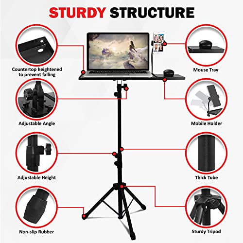 WTC Projector Stand, Laptop Tripod Stand Adjustable Height 22.5 inch to 63 inch with Gooseneck Phone Holder with Mouse Tray, Portable Projector Stand Tripod for Outdoor Movies- DJ Racks Holder Mount