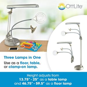 OttLite Ultimate 3-in-1 Craft Lamp, (Floor, Table and Clamp-On Lamp) 24w Energy Efficient Light Bulb for Bright Natural Daylight - Built-in Outlet, Adjustable Neck, 2X Magnifier & Versatile Height