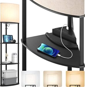 addlon 4-tier corner shelf floor lamp, sector floor lamp with type c, usb port and 3cct led bulb, modern display floor lamp for bedroom, living room, office – black