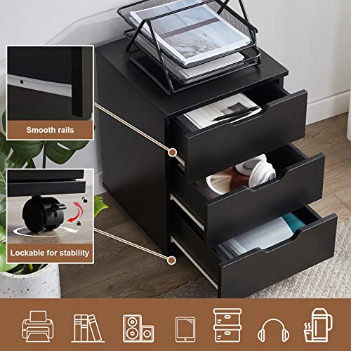 3 Drawer File Cabinet Drawers Chest, Wood Storage Cabinet with Wheels, Drawer Mobile File Cabinet Rolling File Pedestal Small Filing Cabinets for Home Office Bedroom Makeup Dresser by Soohow Black