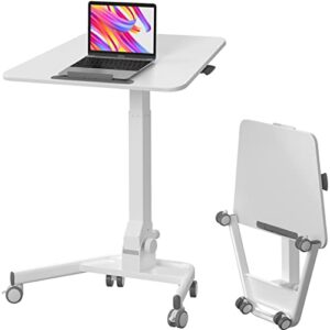 joy seeker foldable mobile standing desk, pneumatic height adjustable and tilt rolling sit stand desk, 90° tiltable portable laptop desk cart on wheels white workstation for home office, easy to fold