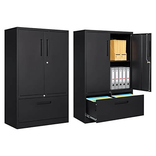 STANI Metal Storage Cabinet, Metal Cabinet with Adjustable Shelf and Drawer, Lockable Lateral Filing Storage Cabinet, Filing Cabinet Lockable Doors for Home Office School, Assemble Required