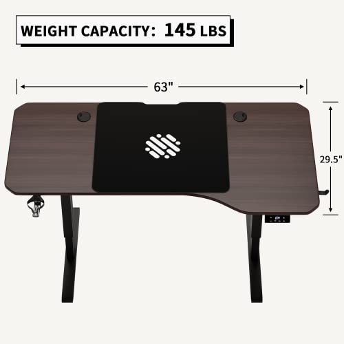 Furmax Electric Height Adjustable Standing Desk Large 63 inch Sit Stand up Desk Home Office Computer Desk Memory Preset with Mouse Pad and T-Shaped Metal Bracket, Desktop with Corner, Walnut