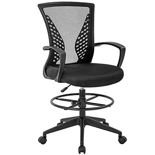 Drafting Chair Tall Office Chair Standing Desk Chair Adjustable Height with Arms Foot Rest Back Support Rolling Swivel Desk Chair Mesh Drafting Stool for Adults (Black)