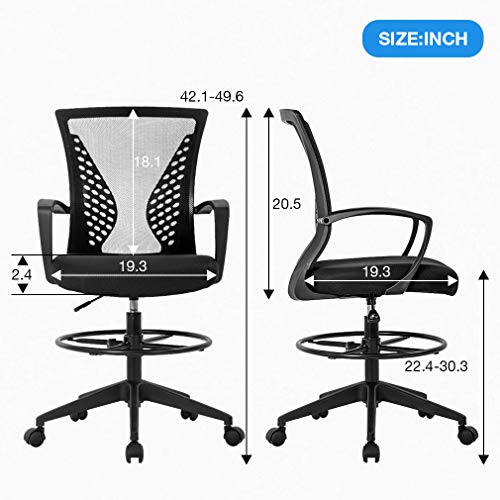 Drafting Chair Tall Office Chair Standing Desk Chair Adjustable Height with Arms Foot Rest Back Support Rolling Swivel Desk Chair Mesh Drafting Stool for Adults (Black)