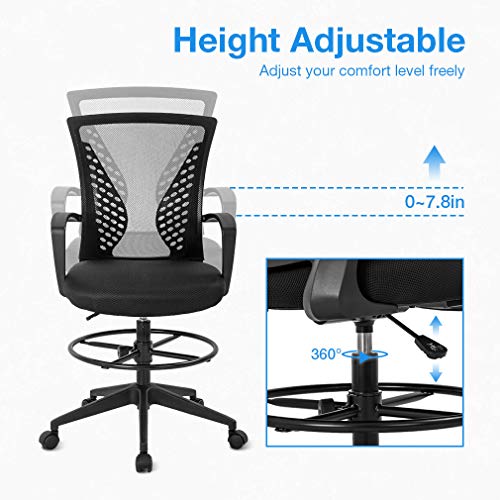 Drafting Chair Tall Office Chair Standing Desk Chair Adjustable Height with Arms Foot Rest Back Support Rolling Swivel Desk Chair Mesh Drafting Stool for Adults (Black)