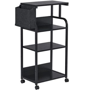 fannova 4 tier small printer stand with adjustable shelf and storage pouch, rolling printer cart with wheels for home office organization, table stand for shredder cpu computer tower, black