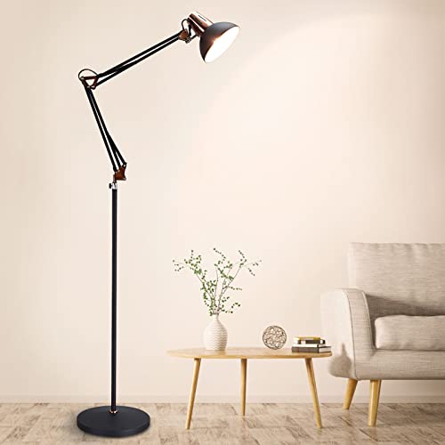 DLLT Modern Metal Floor Lamp, Flexible Swing Arms Reading Floor Lamp with Metal Shade, Adjustable Head Tall Industrial Standing Lamp for Living Room, Bedroom, Office, Study Room, E26(Matte Grey)