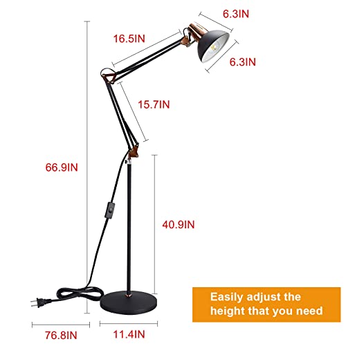 DLLT Modern Metal Floor Lamp, Flexible Swing Arms Reading Floor Lamp with Metal Shade, Adjustable Head Tall Industrial Standing Lamp for Living Room, Bedroom, Office, Study Room, E26(Matte Grey)