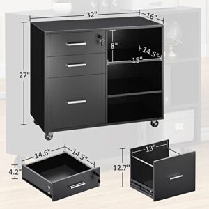 JUMMICO 3 Drawer Mobile File Cabinet, Wood Lateral Filing Cabinet with Lock, Printer Stand and Open Adjustable Storage Shelves for Home Office