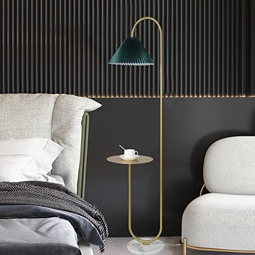 Beaysyty Modern Elegant with Tray Floor Lamp for Office Cafe Den Living Room Bedroom, Foot Switch and Brass/Gold Finish,Dark Green Pleated Cloth Lampshade