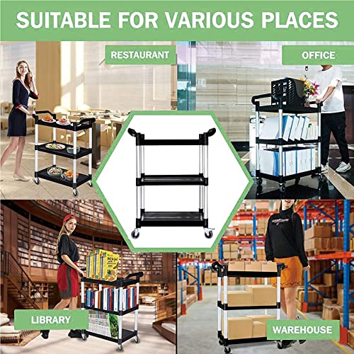 GOLDCAN Utility Carts with Wheels, Heavy Duty Rolling Carts Food Service Cart, 3-Tiers Plastic Cart with Rubber Hammer for Restaurant, Classroom, Warehouse