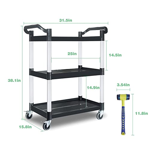 GOLDCAN Utility Carts with Wheels, Heavy Duty Rolling Carts Food Service Cart, 3-Tiers Plastic Cart with Rubber Hammer for Restaurant, Classroom, Warehouse