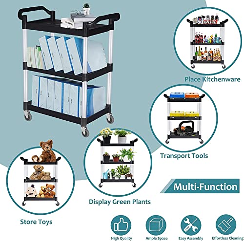 GOLDCAN Utility Carts with Wheels, Heavy Duty Rolling Carts Food Service Cart, 3-Tiers Plastic Cart with Rubber Hammer for Restaurant, Classroom, Warehouse