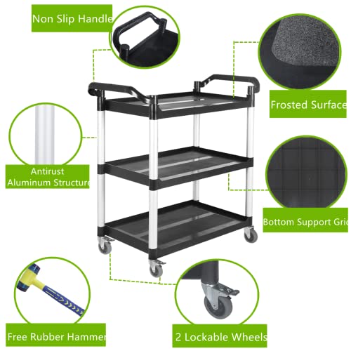 GOLDCAN Utility Carts with Wheels, Heavy Duty Rolling Carts Food Service Cart, 3-Tiers Plastic Cart with Rubber Hammer for Restaurant, Classroom, Warehouse