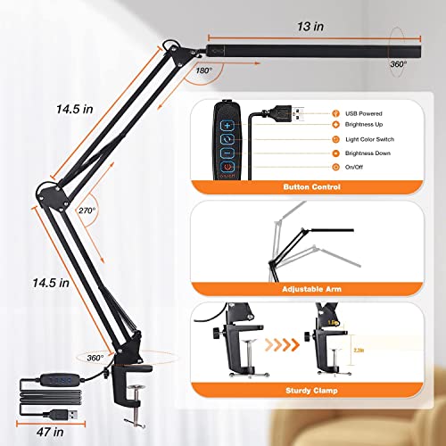 LED Desk lamp, 360 degree adjustable rotary desk lamp, metal bracket rocker arm, no flicker, anti blue light, multiple lighting modes and brightness, is a good helper for home office and reading.