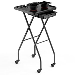 salon tray on wheels foldable, tattoo color trays for hairstylist esthetician barber, dental medical rolling tray cart, hair trolley mobile organizer with storage drawer