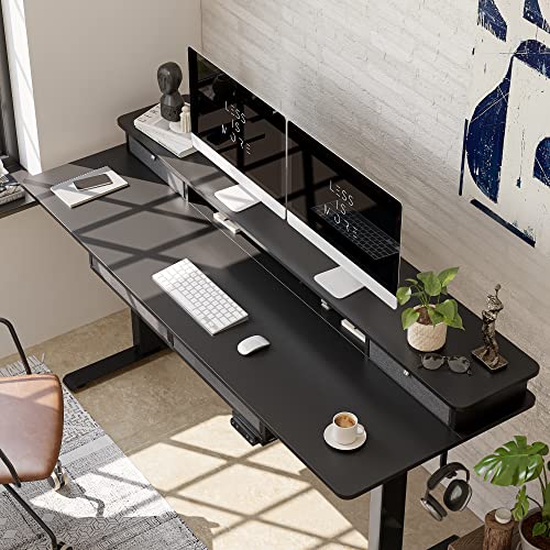 FEZIBO Sturdy Height Adjustable Electric Standing Desk with Drawers, 63 x 24 Inch Stand Up Table with Large Storage Shelf, Sit Stand Desk, Black Top