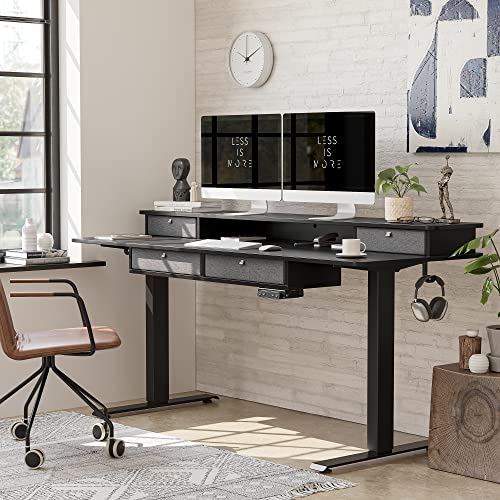 FEZIBO Sturdy Height Adjustable Electric Standing Desk with Drawers, 63 x 24 Inch Stand Up Table with Large Storage Shelf, Sit Stand Desk, Black Top