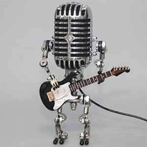 vintage microphone robot desk lamp, retro style microphone robot desk lamp holding guitare, vintage light home decor nightstand desk lamp for bedroom, bar, restaurant (black)