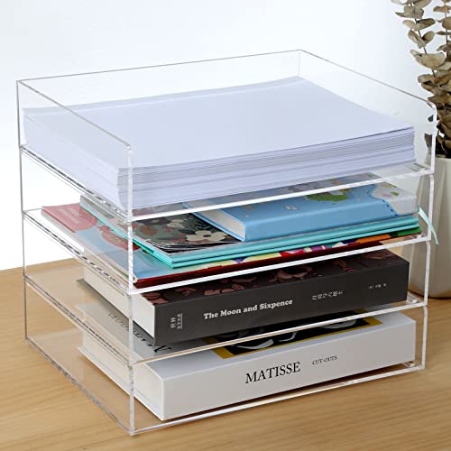 KOOLDE Acrylic Folder Holder Organizer, Letter Document Book Folder Binder Organizer Storage Box (4 Trays Horizontal Transparent)