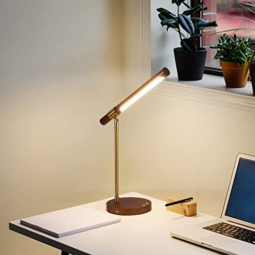 Myhaptim LED Wood Grain Desk Lamp with Wireless Charger, Desk Lamps for Home Office with USB Charging Port, Touch Control Desk Light Adjustable, Eye-Caring Office Lamp with Night Light