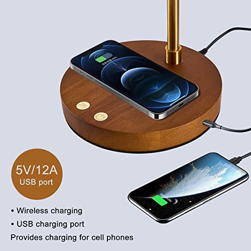 Myhaptim LED Wood Grain Desk Lamp with Wireless Charger, Desk Lamps for Home Office with USB Charging Port, Touch Control Desk Light Adjustable, Eye-Caring Office Lamp with Night Light