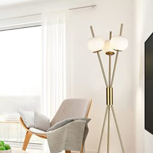 paugeory hotel floor lamp-3 lights floor lamps for living room, modern tripod standing lamp gold plating, 28w flexible warm light and off-white glass lampshade, bedroom office hallway (with bulb)