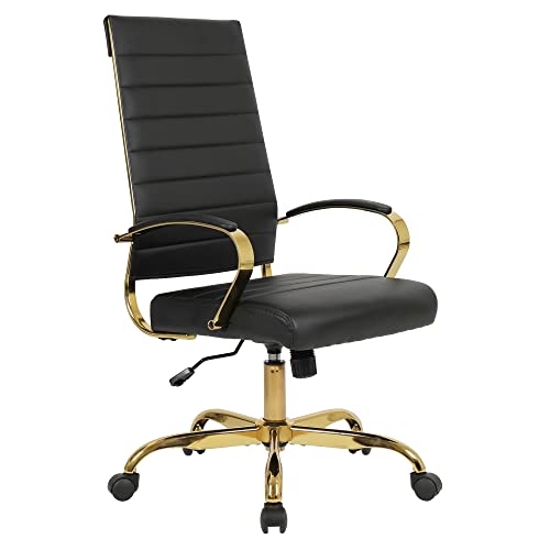 LANDSUN Home Office Chair High Back Executive Chair Ribbed PU Leather Computer Desk Chair with Armrests Soft Padded Adjustable Height Swivel Conference Gold Frame Black