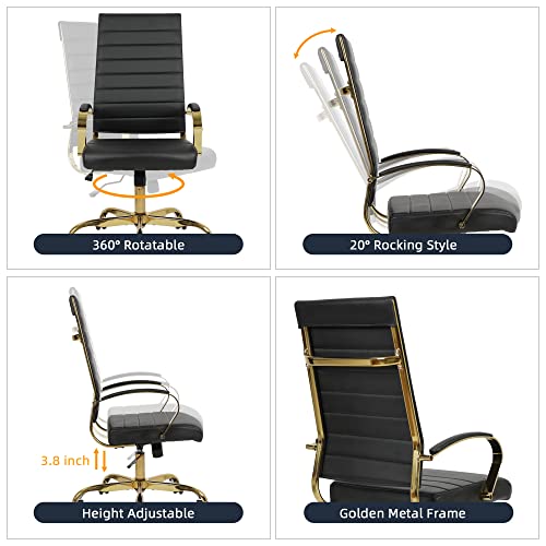 LANDSUN Home Office Chair High Back Executive Chair Ribbed PU Leather Computer Desk Chair with Armrests Soft Padded Adjustable Height Swivel Conference Gold Frame Black