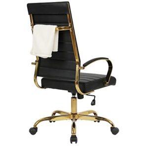 LANDSUN Home Office Chair High Back Executive Chair Ribbed PU Leather Computer Desk Chair with Armrests Soft Padded Adjustable Height Swivel Conference Gold Frame Black