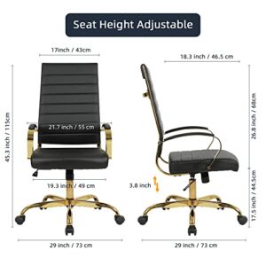 LANDSUN Home Office Chair High Back Executive Chair Ribbed PU Leather Computer Desk Chair with Armrests Soft Padded Adjustable Height Swivel Conference Gold Frame Black