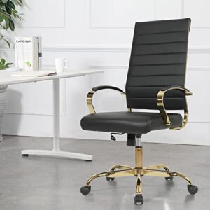 LANDSUN Home Office Chair High Back Executive Chair Ribbed PU Leather Computer Desk Chair with Armrests Soft Padded Adjustable Height Swivel Conference Gold Frame Black