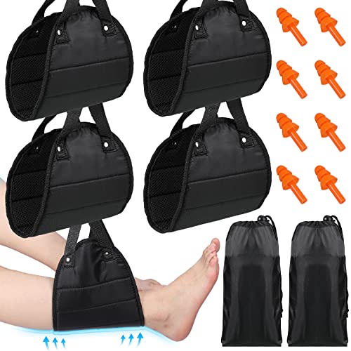 4 Pcs Airplane Foot Hammock Portable Travel Footrest Adjustable Height Memory Foam Travel Foot Leg Rest Comfy Airplane Foot Sling with 4 Pairs Earplugs for Airplane Travel Under Desk Office Work Home