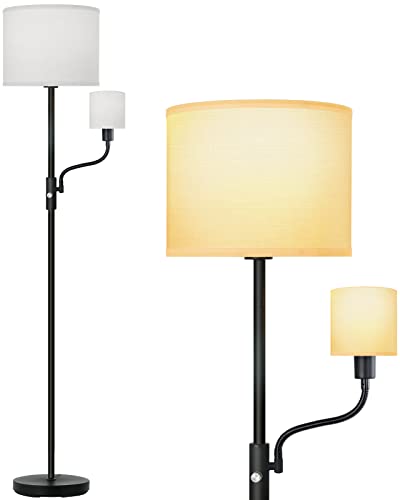 LED Floor Lamp, Standing Lamp, 12W Floor Lamp with 4W Reading Light, 69" Tall Pole Lamps with Lampshades, 3-Way Rotary Switch, 2700K Bright, Stand up Lamps for Living Room/Bedroom/Office/Den, White