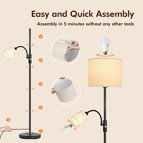 LED Floor Lamp, Standing Lamp, 12W Floor Lamp with 4W Reading Light, 69" Tall Pole Lamps with Lampshades, 3-Way Rotary Switch, 2700K Bright, Stand up Lamps for Living Room/Bedroom/Office/Den, White