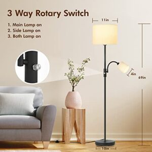 LED Floor Lamp, Standing Lamp, 12W Floor Lamp with 4W Reading Light, 69" Tall Pole Lamps with Lampshades, 3-Way Rotary Switch, 2700K Bright, Stand up Lamps for Living Room/Bedroom/Office/Den, White