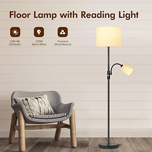 LED Floor Lamp, Standing Lamp, 12W Floor Lamp with 4W Reading Light, 69" Tall Pole Lamps with Lampshades, 3-Way Rotary Switch, 2700K Bright, Stand up Lamps for Living Room/Bedroom/Office/Den, White