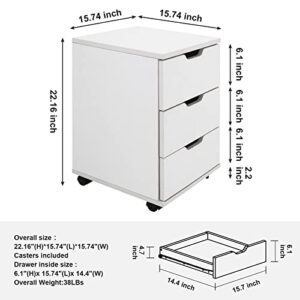 Sunon 3-Drawer Vertical Filing Cabinet Rolling Wood Mobile File Cabinets Under Desk for Home Office with Casters (White, Non-Assembled)