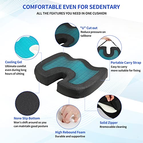 Gel Enhanced Seat Cushion - Memory Foam Chair Pillow with Cooling Gel for Sciatica Coccyx Back & Tailbone Pain Relief - Office Chair Car Seat Cushion