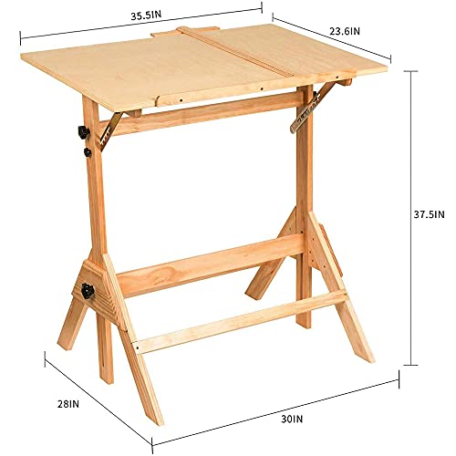 MEEDEN Solid Wood Drafting Table, Artist Drawing Desk, Writing Desk Studio Desk, Art Craft Table with Adjustable Height and Tiltable Tabletop for Artwork, Graphic Design, Reading