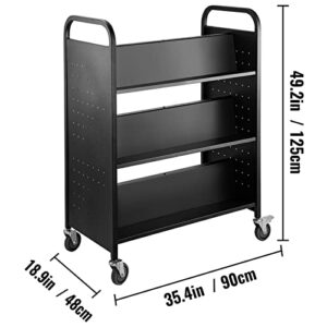 VEVOR Book Cart, Library Cart 6-Shelf, Rolling Library Book Cart Double Sided W-Shaped Sloped Shelves with 4-Inch Lockable Wheels, for Home Shelves Office and School Book Truck in Black