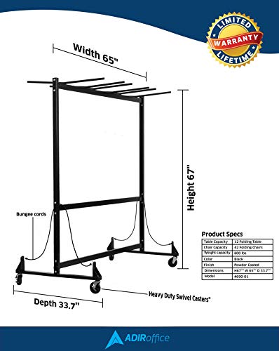 AdirOffice Combo Cart for Chairs & Tables - Foldable Seat & Table Wheeled Caddy - Steel Body Truck with Locking Swivel Caster Wheels - 600 Lbs Weight Capacity - Quick & Easy Assembly