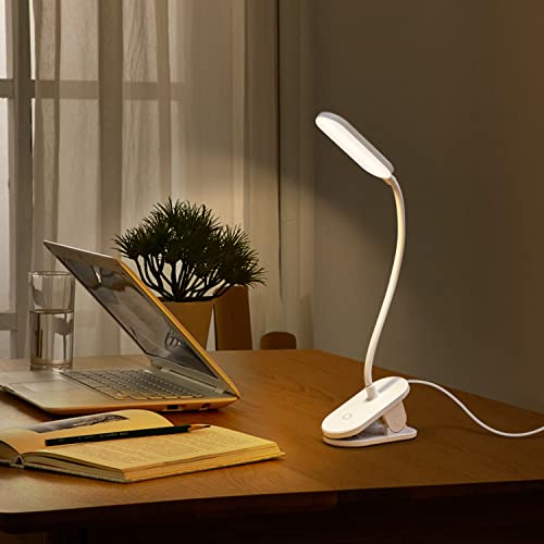 Aigostar Rechargeable Clip on Book Reading Light, Brightness Desk Lamp Touch LED Table Light with 3 Levels Dimmable,Built-in USB Cable,Long Lasting Portable Bed Bedside Clamp Light White