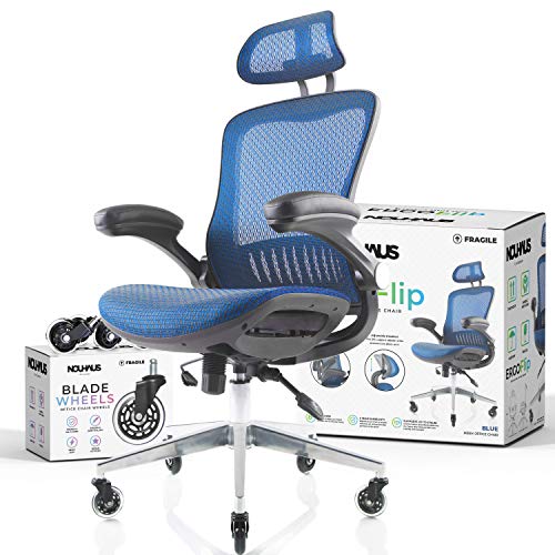 NOUHAUS ErgoFlip Mesh Computer Chair - Rolling Desk Chair with Retractable Armrest and Blade Wheels Ergonomic Office Chair, Desk Chairs, Executive Swivel Chair, Reinforced Base (Blue)